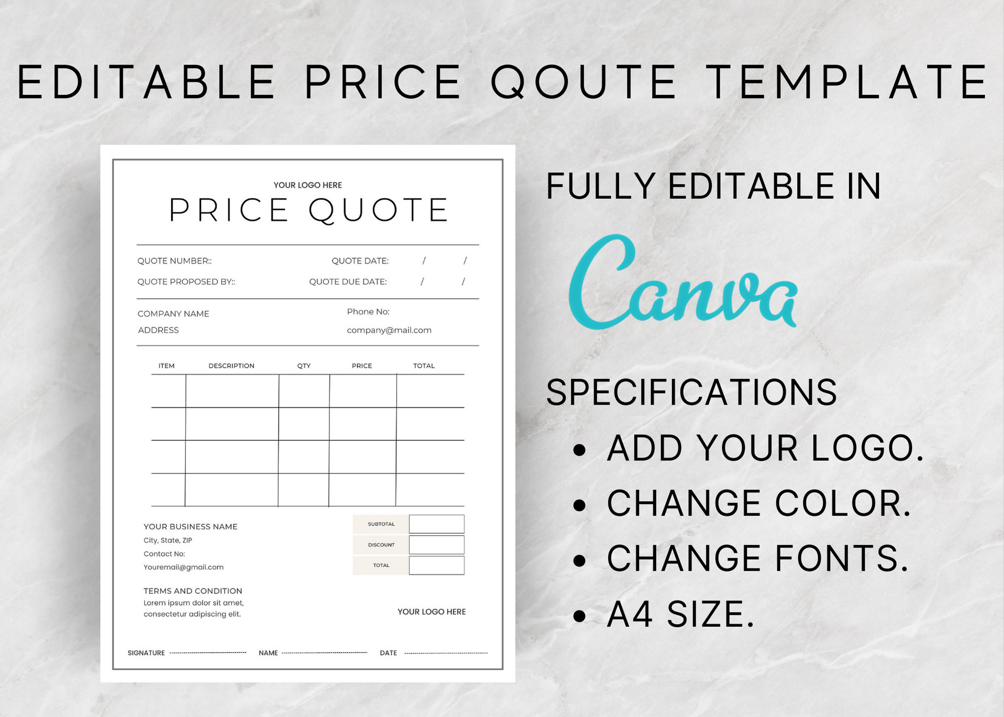 Canva Printable Price Quote Templatesmall Business Templateprice Quote Template Editable Price ...