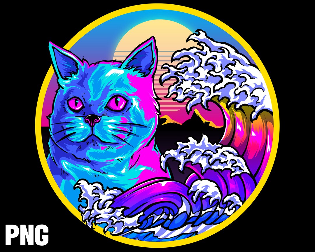 Cat Wave Japanese Big Wave Vapor Wave Png Sublimation Clipart ...