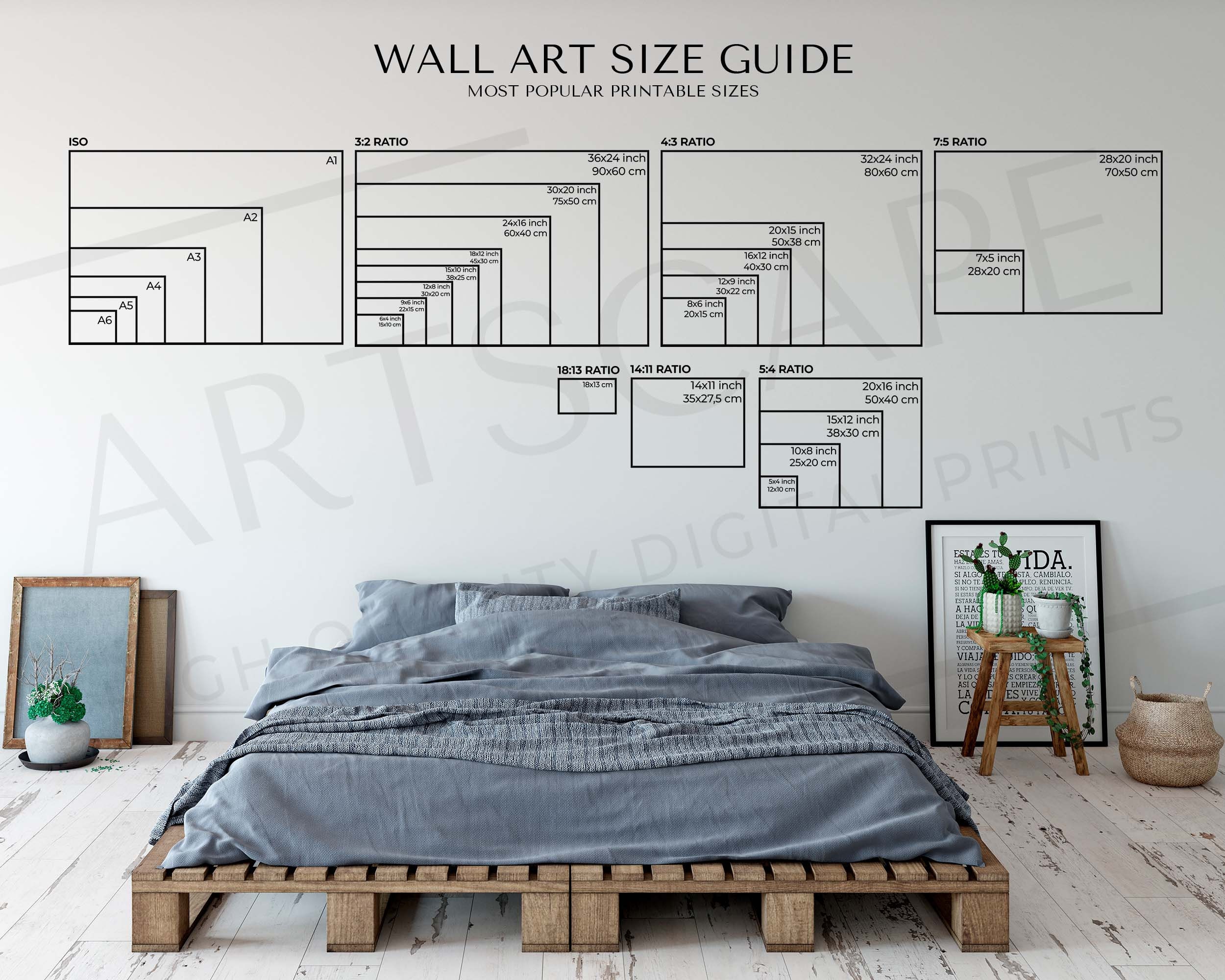 Wall Art Size Guide Frame Sizing Mockup Poster Size Portrait Landscape ...