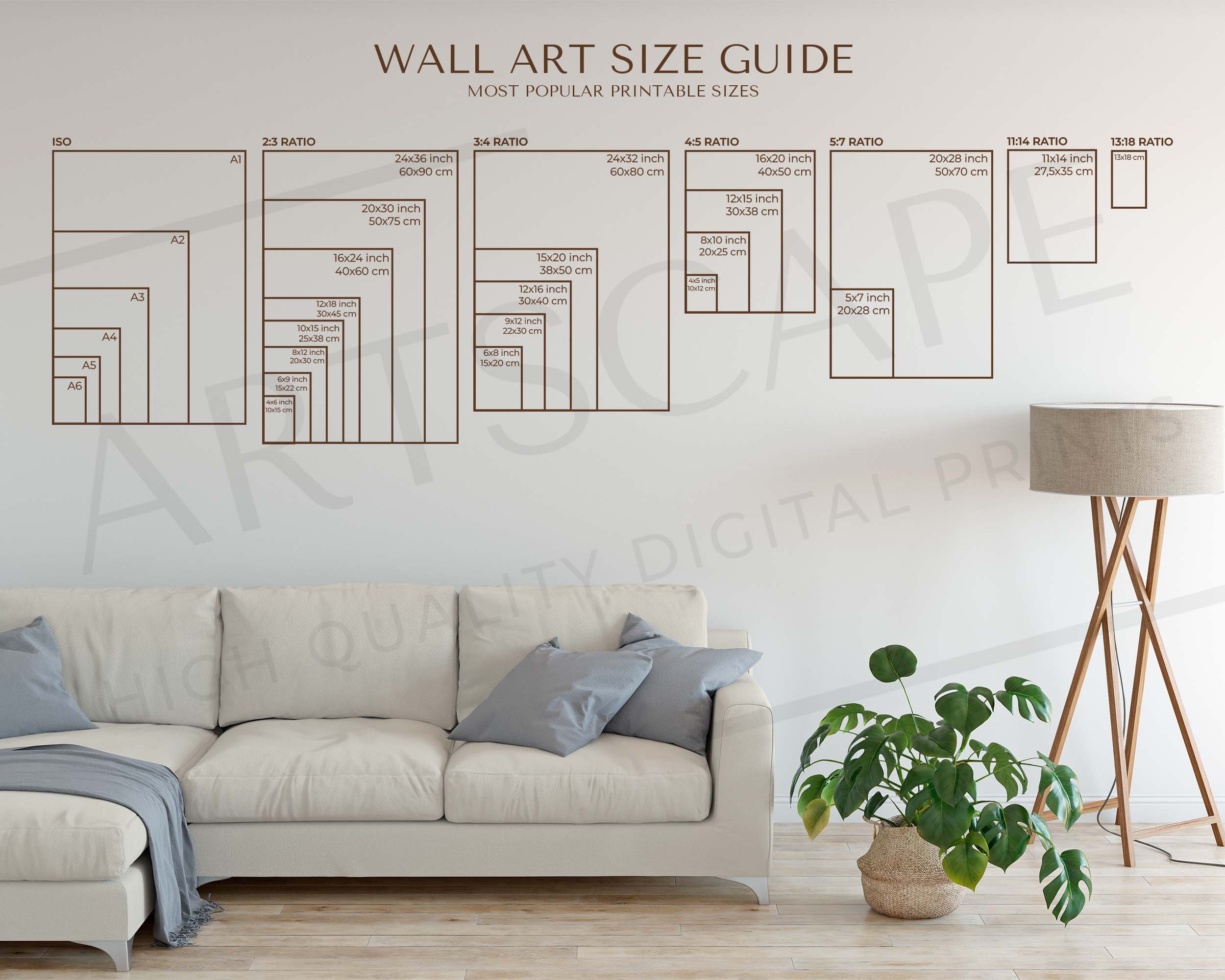Wall Art Size Guide Frame Sizing Mockup Poster Size Portrait Landscape ...