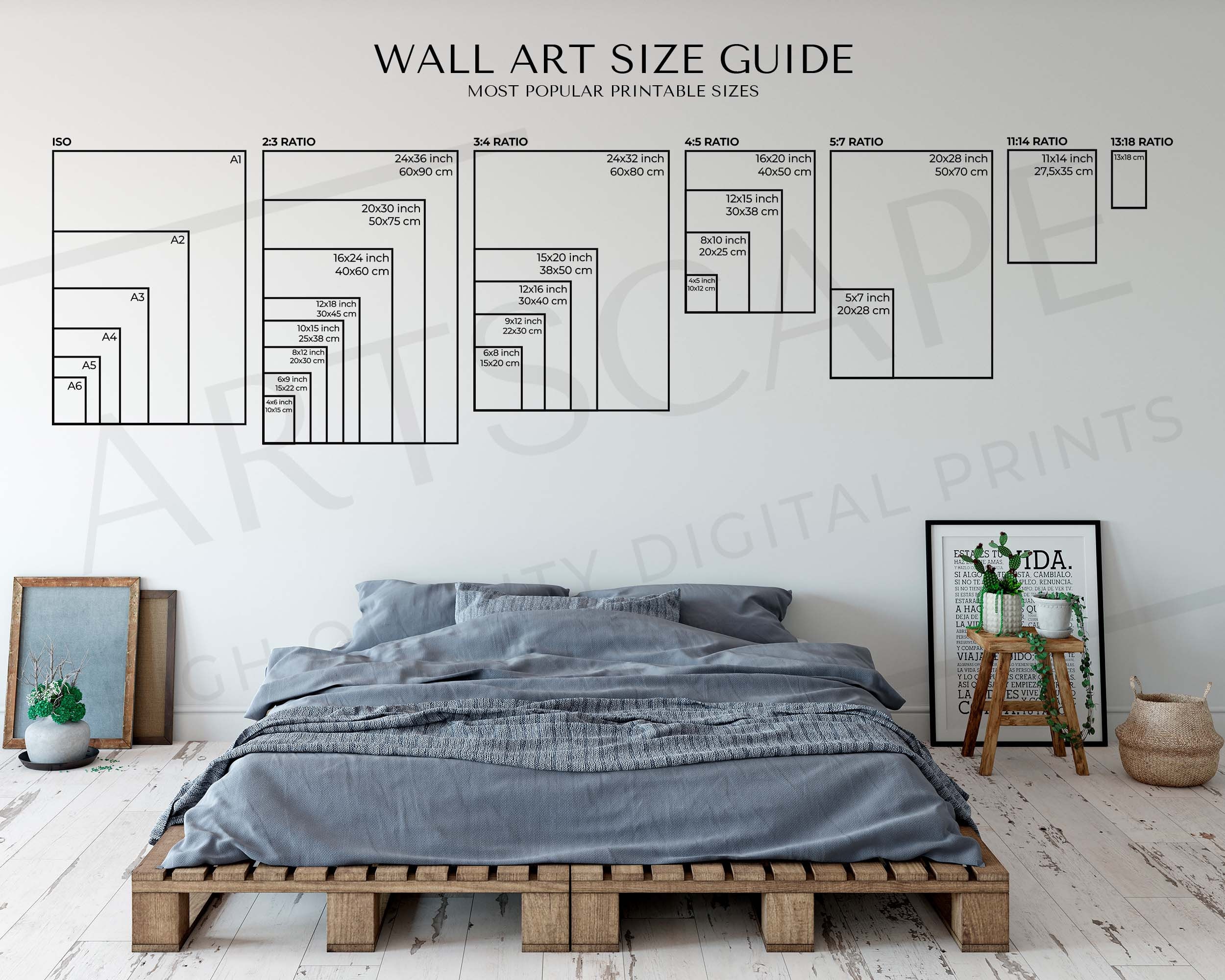 Wall Art Size Guide Frame Sizing Mockup Poster Size Portrait Landscape ...