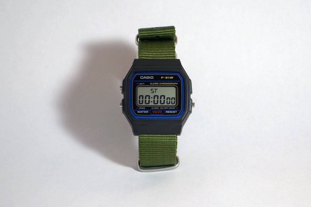 Modded Retro Casio F-91W Watch, on a Green NATO Strap - Etsy
