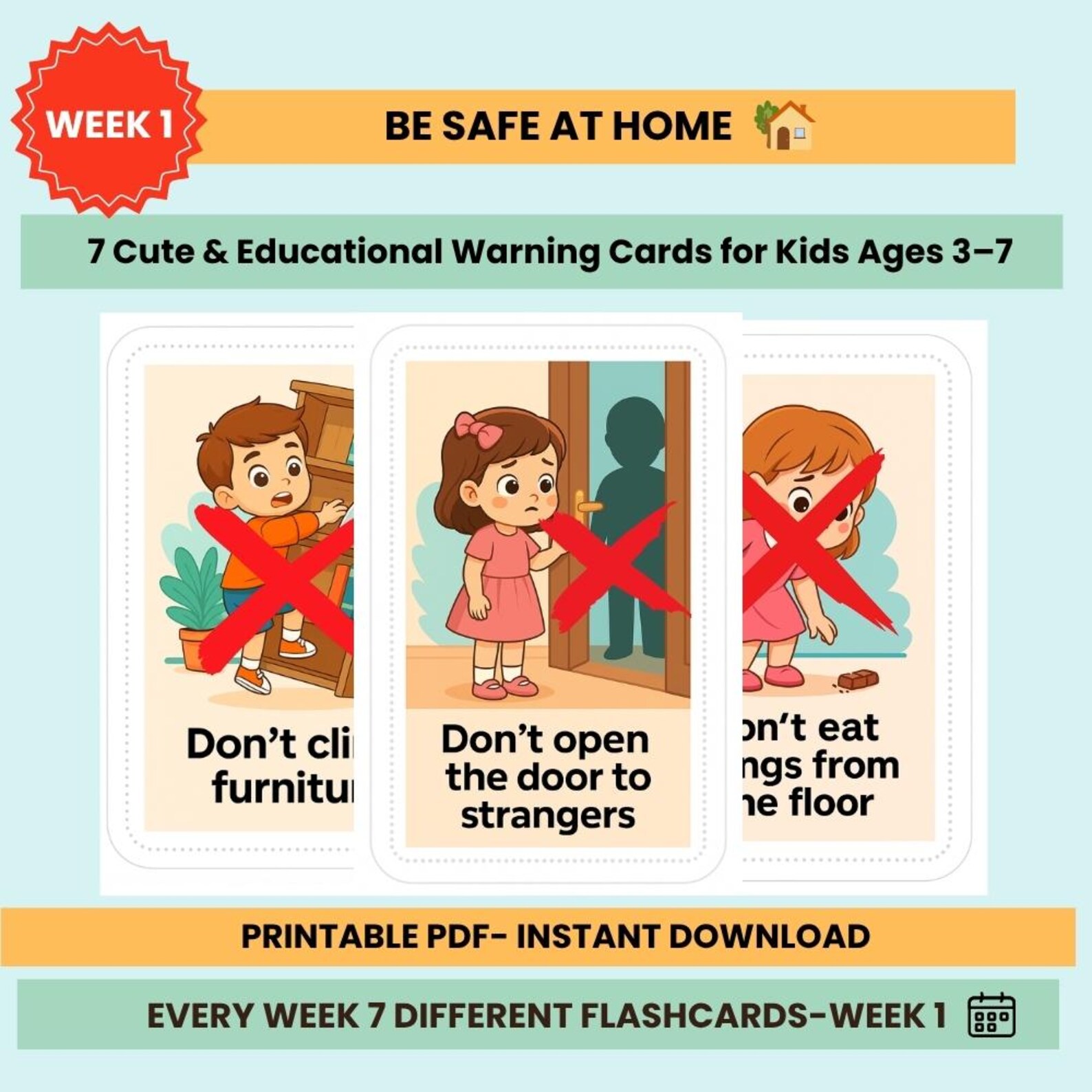Weekly Home Safety Flashcards for Kids – 7 Educational Printable Cards ...