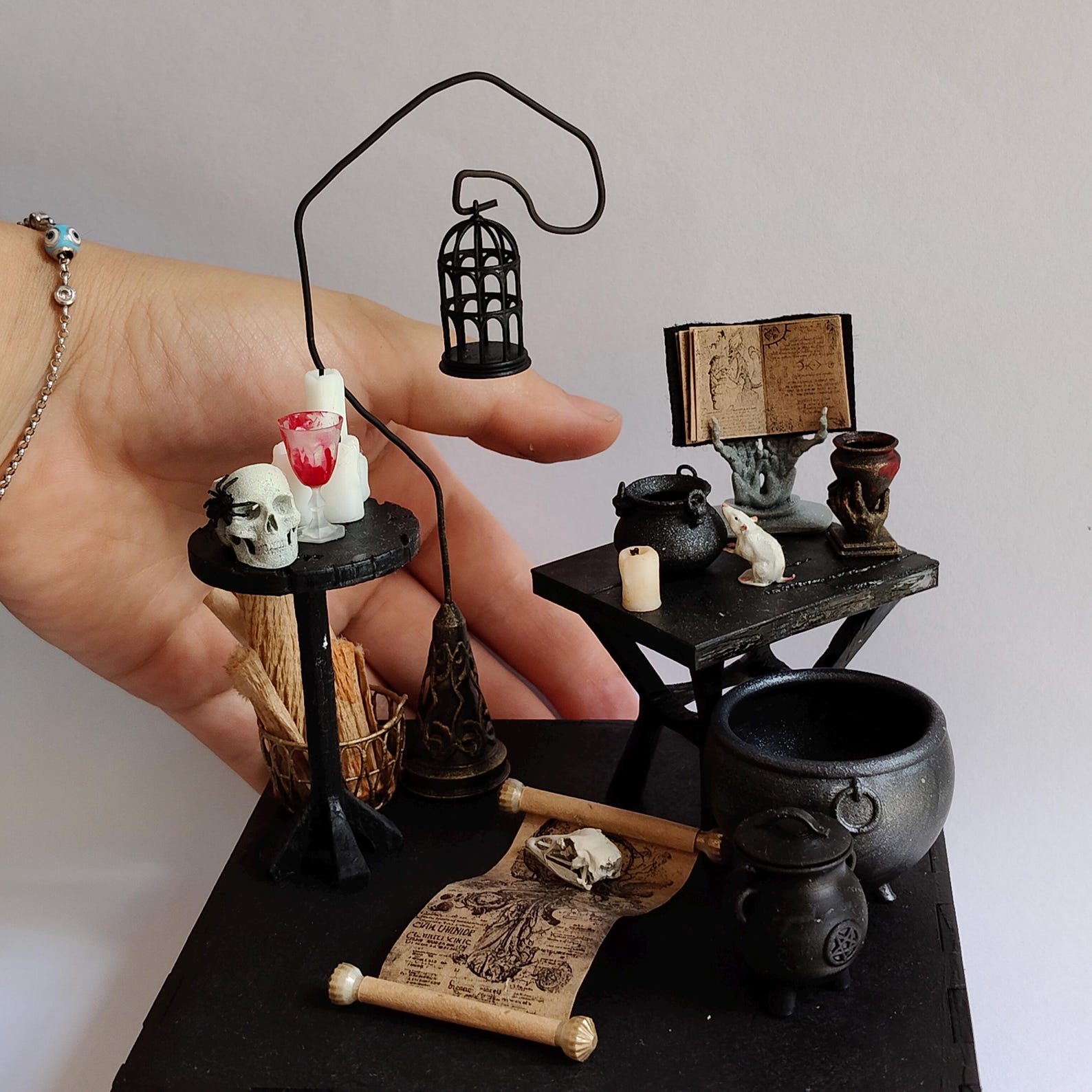 Miniature Witch Spell Book & Bone Book Holder, Dollhouse, Diorama Decor ...