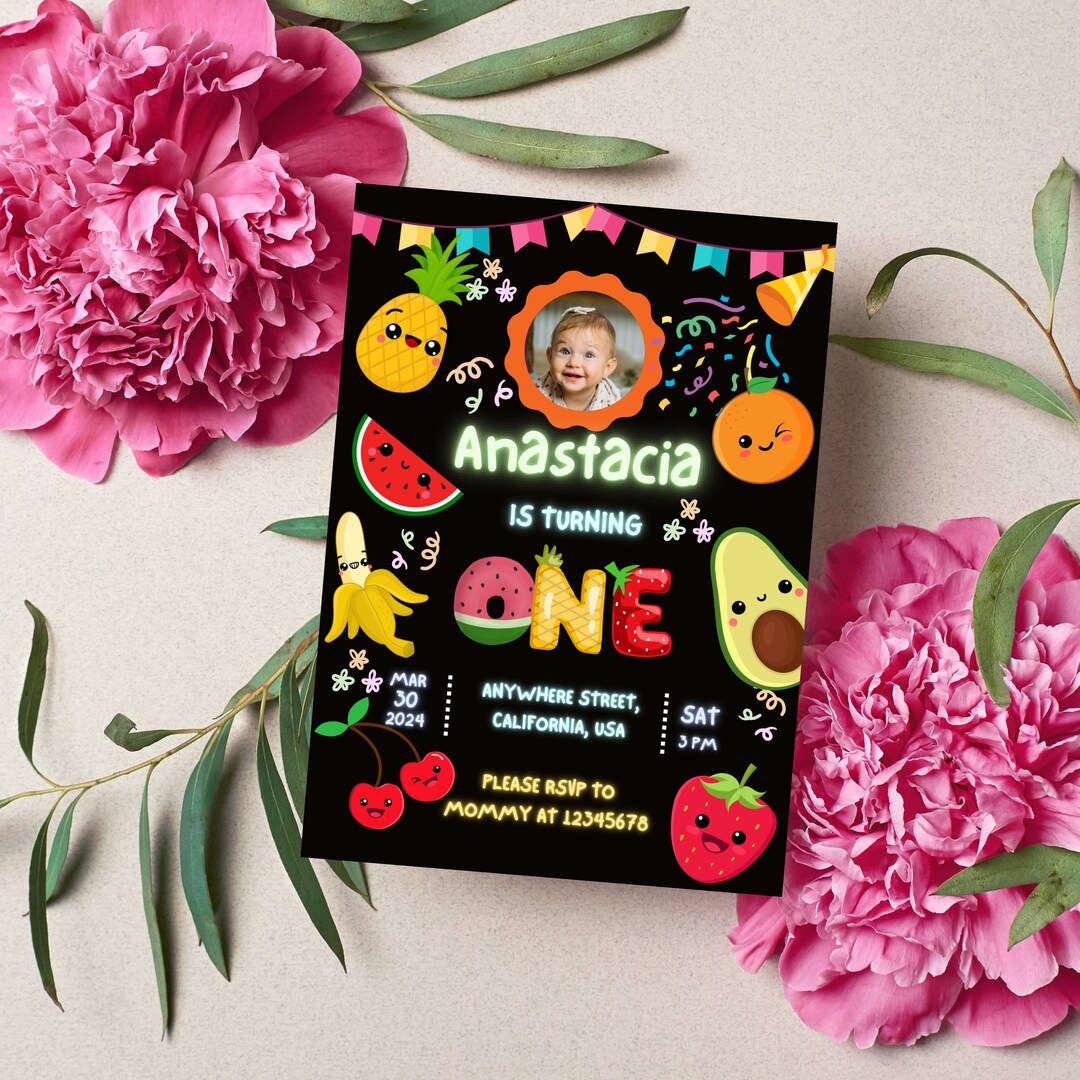 Dancing Fruits Birthday Invitation Template Kawaii Fruits Party ...