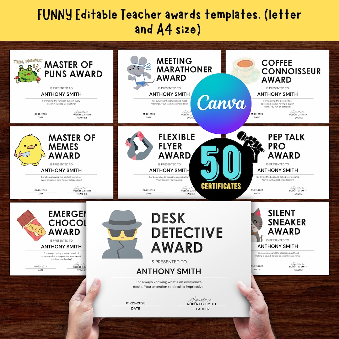 Teacher Awards End of Year Certificates Editable Template Funny Award ...