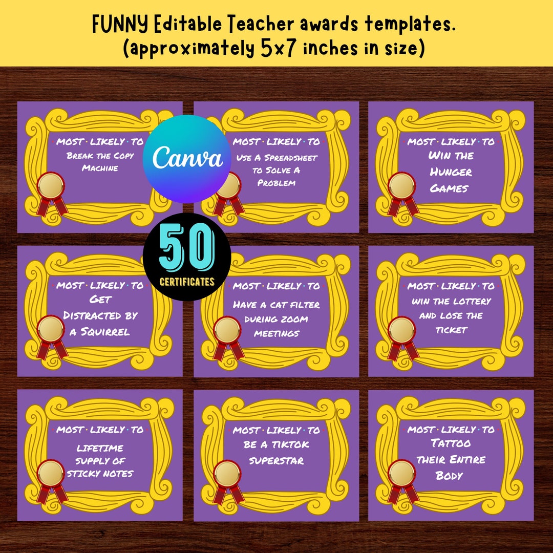 Teacher Awards End of Year Certificates Editable Template Funny Award ...