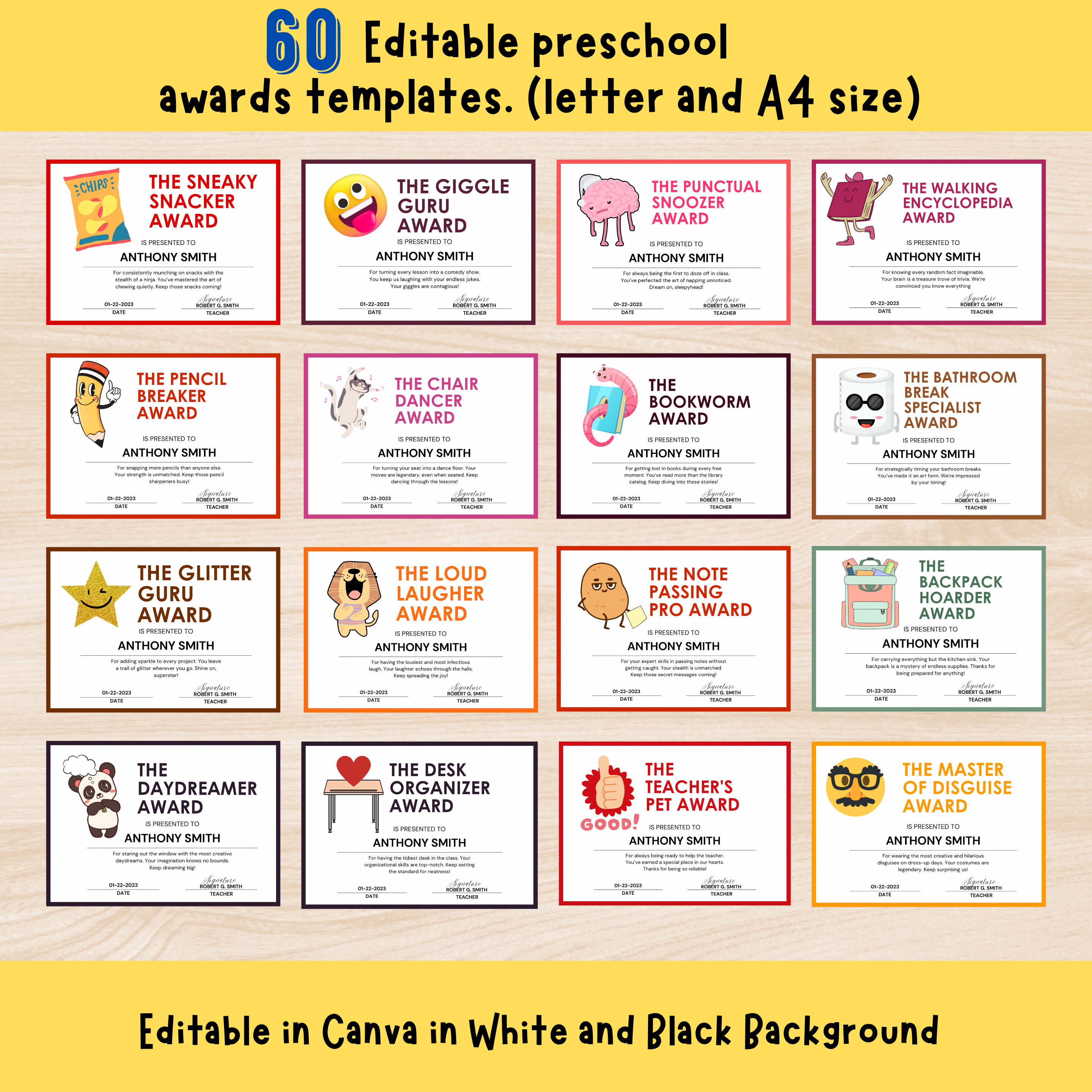 Funny Classroom Awards Editable Template Preschool Kindergarten Grade ...
