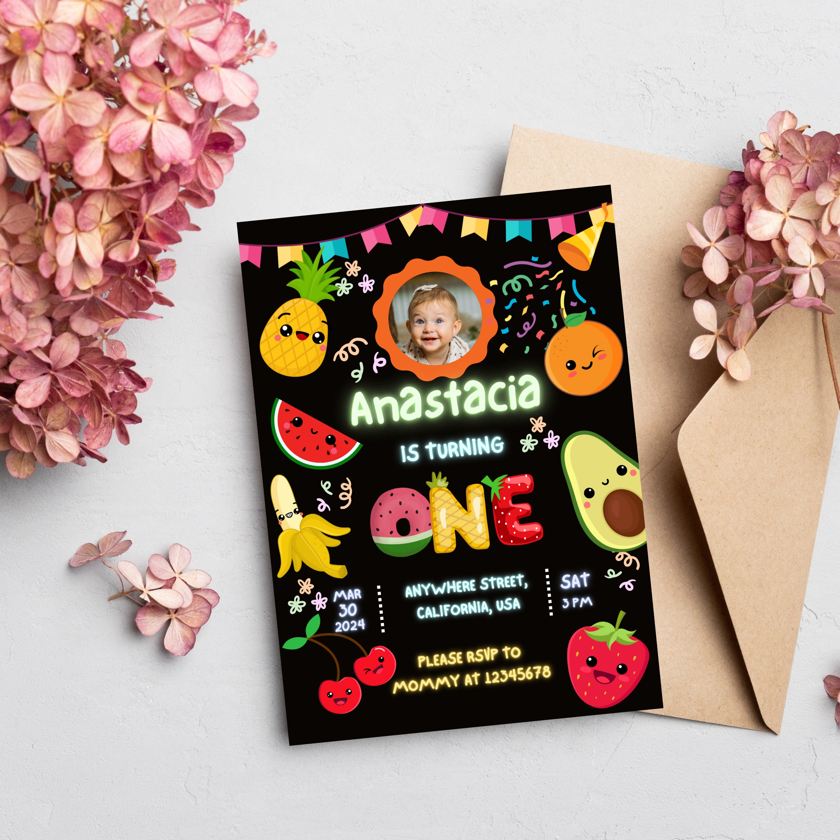 Dancing Fruits Birthday Invitation Template Kawaii Fruits Party ...