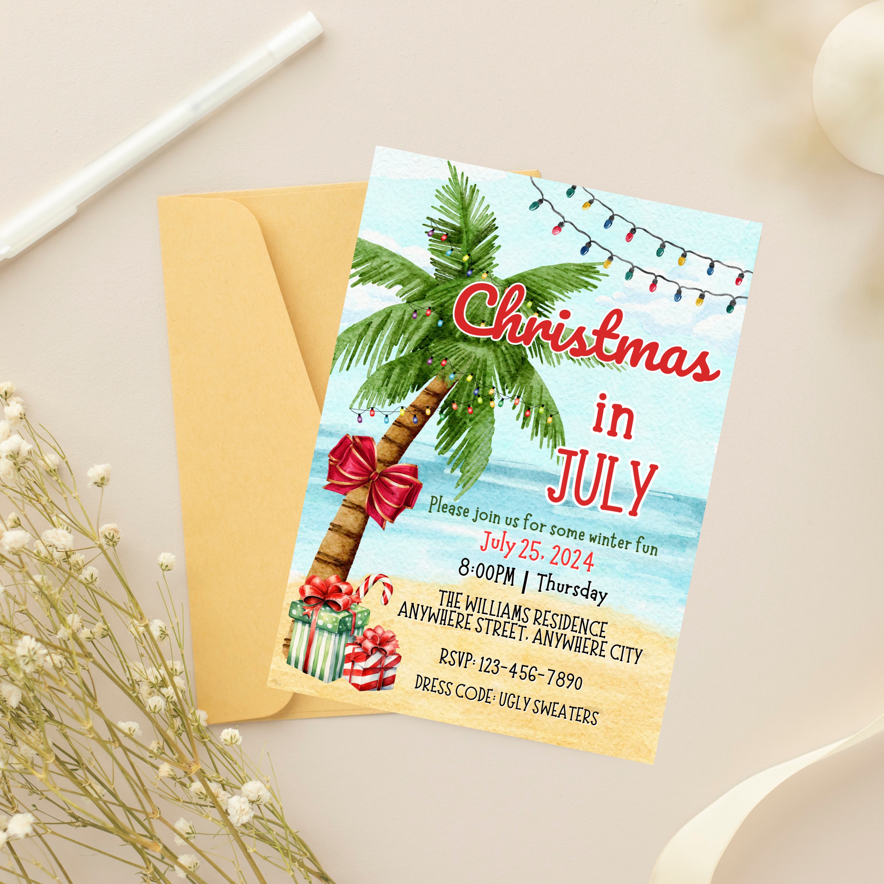 Christmas in July Party Editable Invitation Canva Invite Printable Pool ...