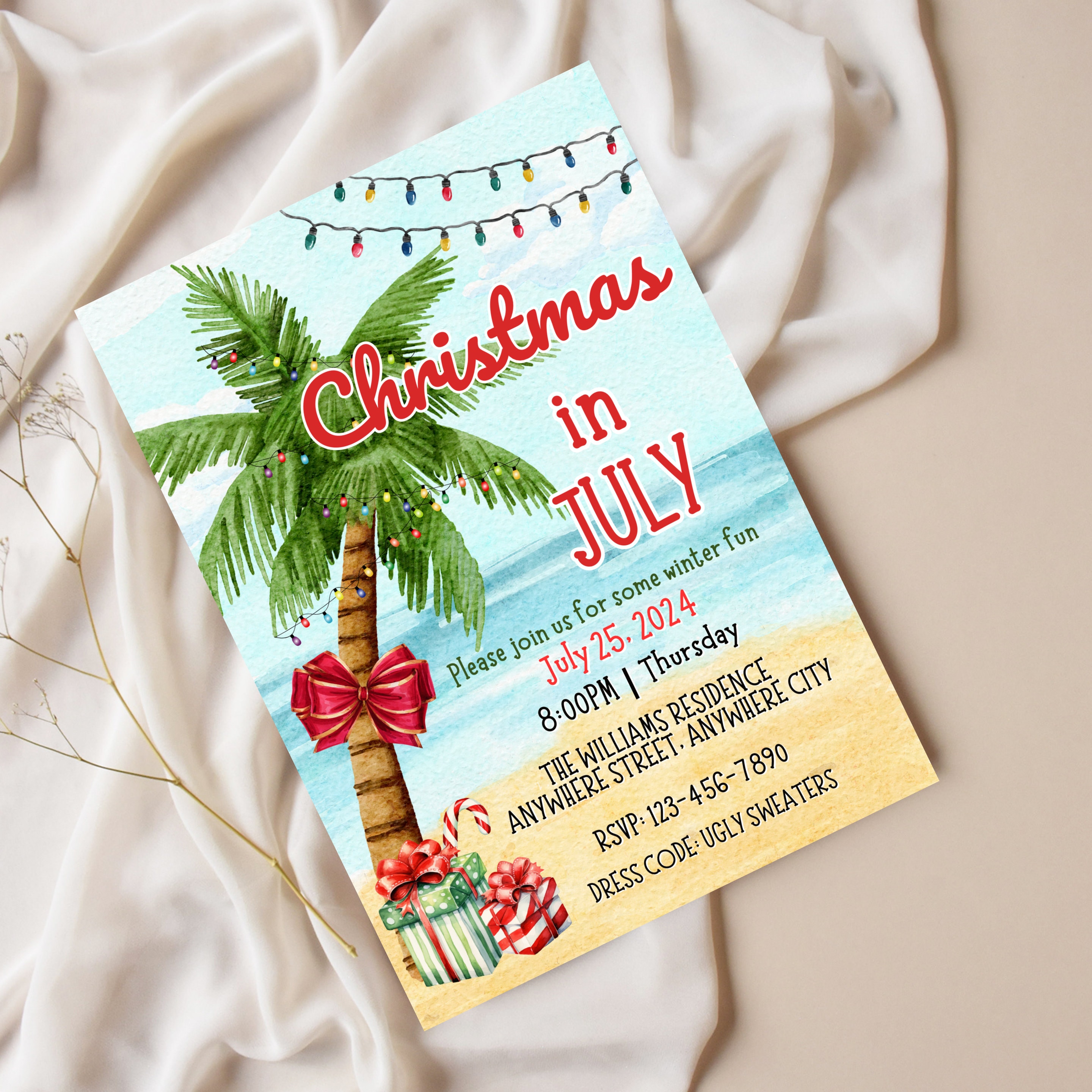Christmas in July Party Editable Invitation Canva Invite Printable Pool ...
