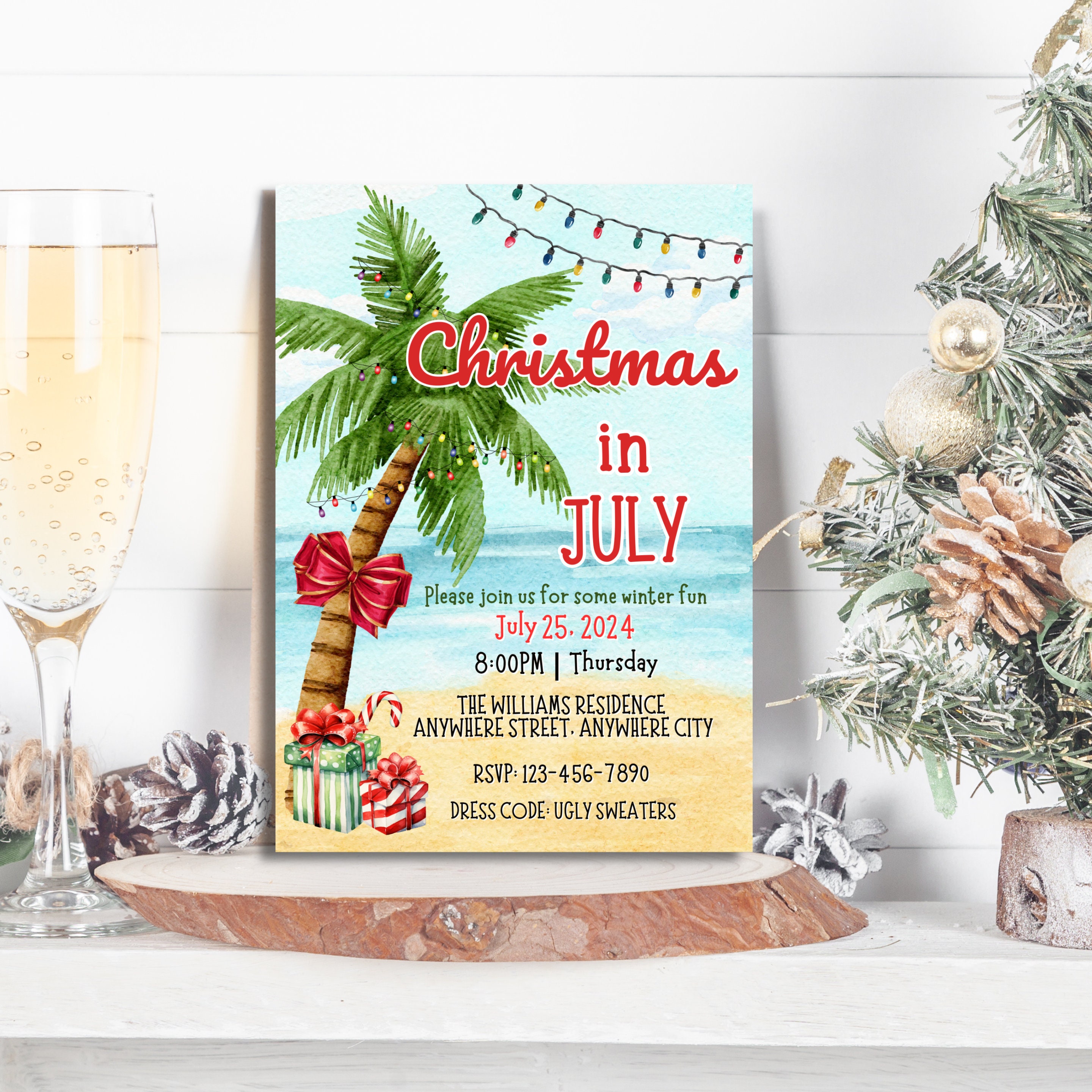 Christmas in July Party Editable Invitation Canva Invite Printable Pool ...