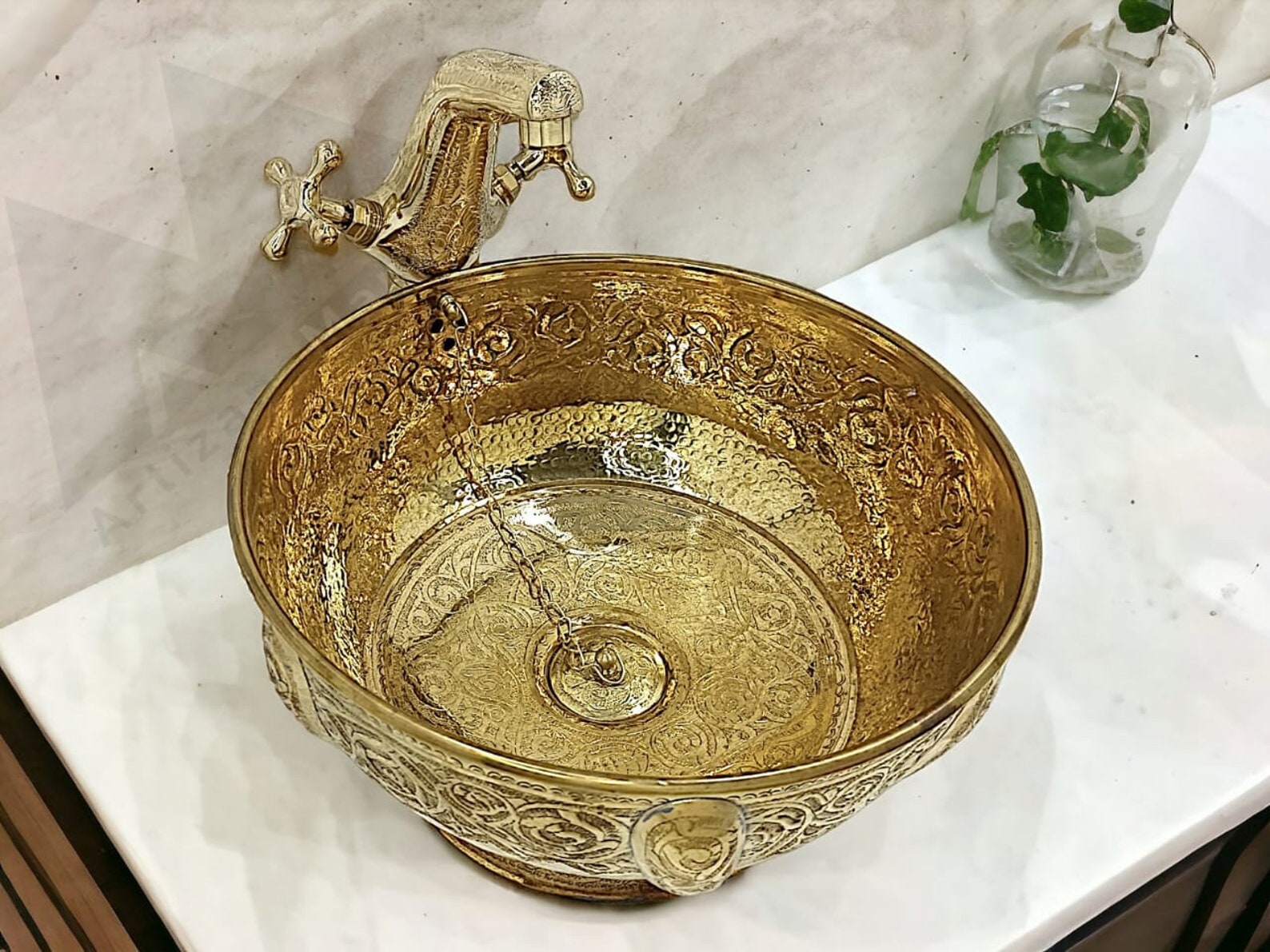 Copper Vessel Sink Engraved Basin Solid Bathroom Vessel Vanity, Counter ...