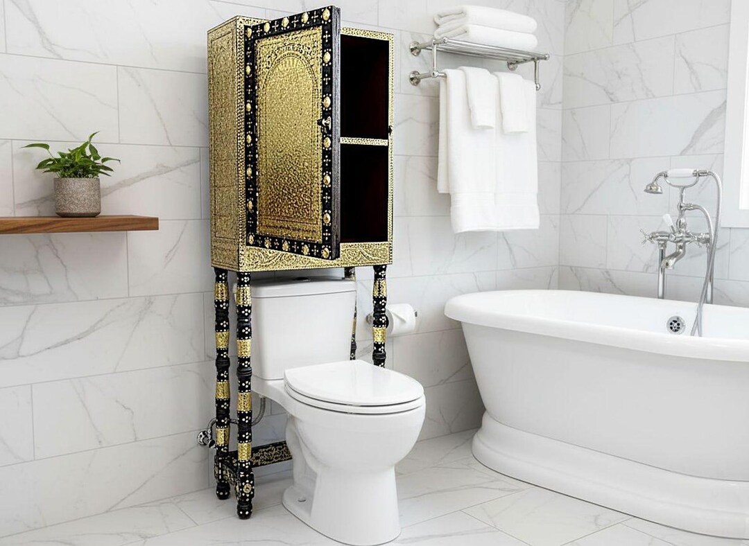 Handcrafted Moroccan Brass Inlay Over-toilet Cabinet – Black & Gold ...