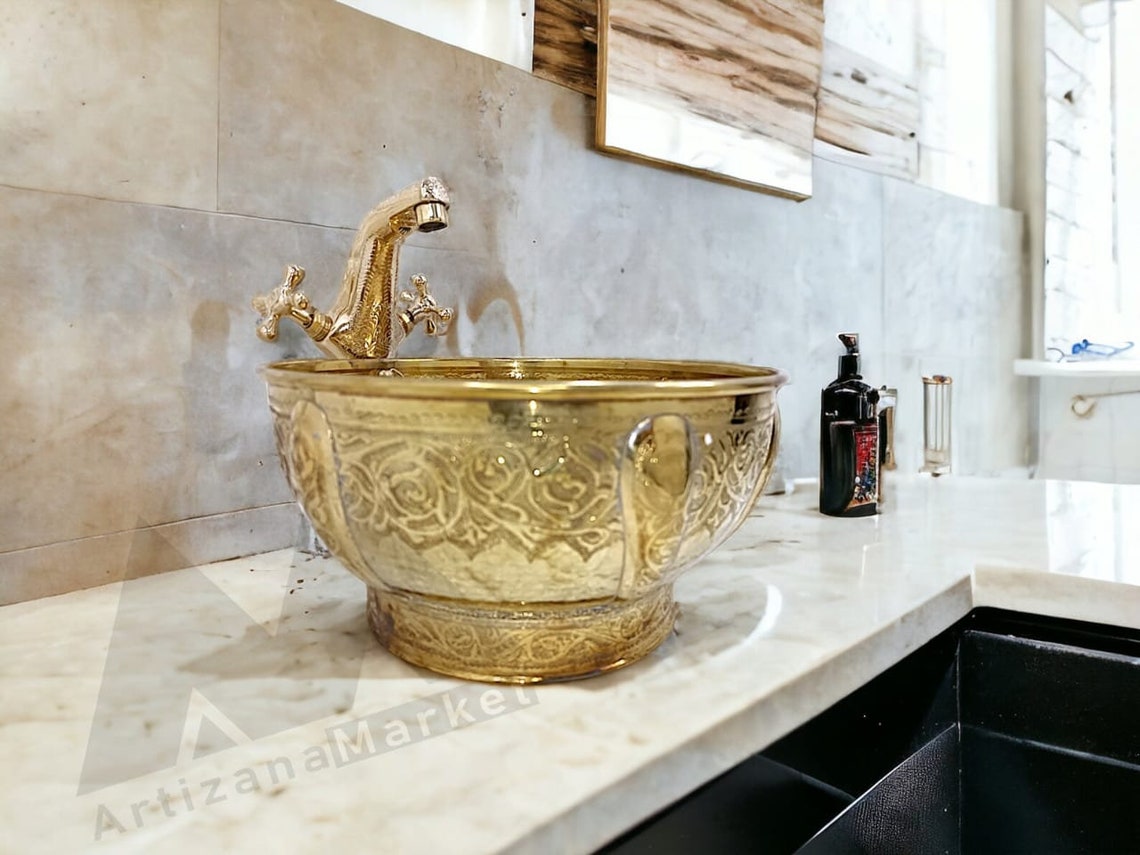 Copper Vessel Sink Engraved Basin Solid Bathroom Vessel Vanity, Counter ...