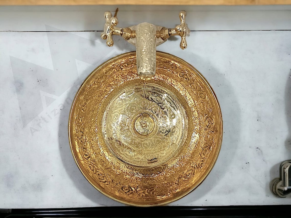 Copper Vessel Sink Engraved Basin Solid Bathroom Vessel Vanity, Counter ...