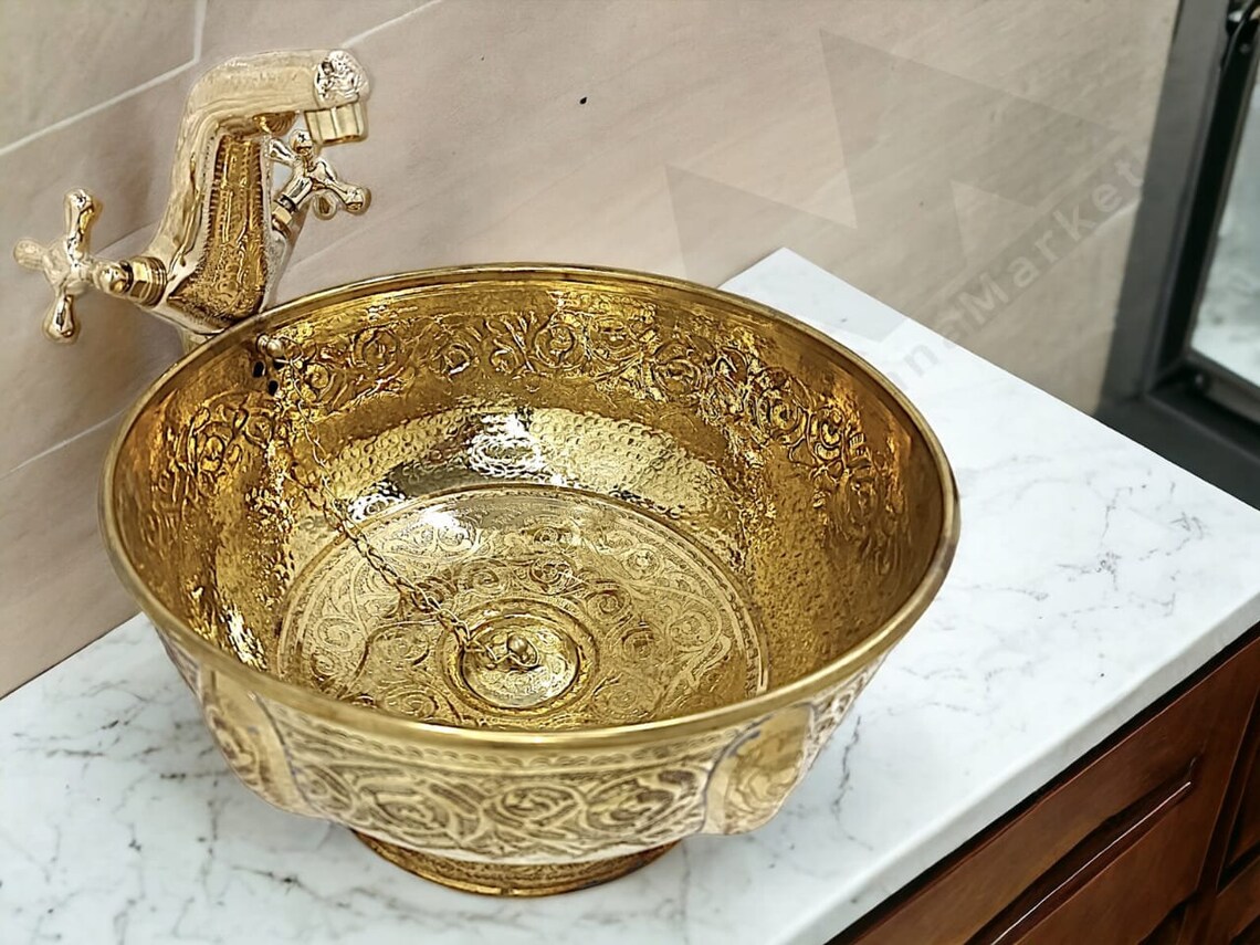 Copper Vessel Sink Engraved Basin Solid Bathroom Vessel Vanity, Counter ...