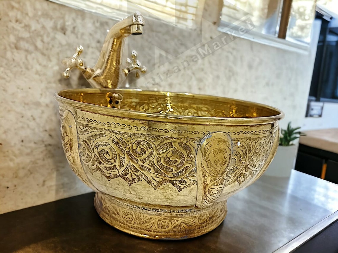 Copper Vessel Sink Engraved Basin Solid Bathroom Vessel Vanity, Counter ...