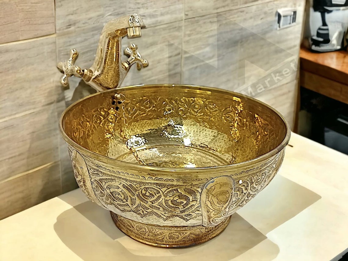 Copper Vessel Sink Engraved Basin Solid Bathroom Vessel Vanity, Counter ...