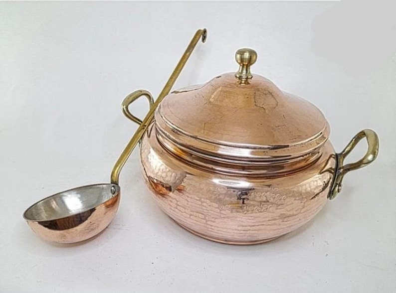 Large Copper Soup Bowl With Lid, Soup Server Pot, Hammered Big Copper ...