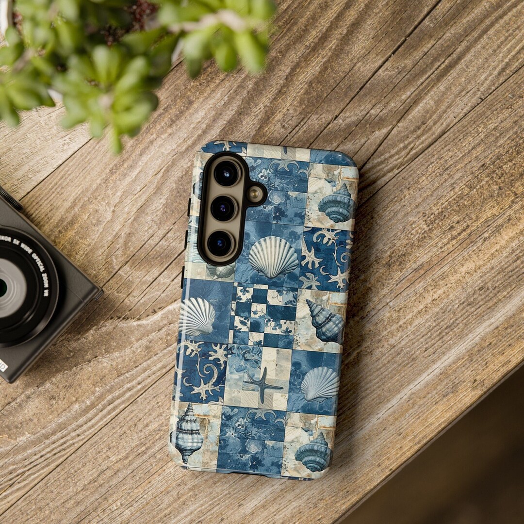 Vintage Mosaic Art Navy Blue Seashell Beach Inspired Phone Case, Preppy ...