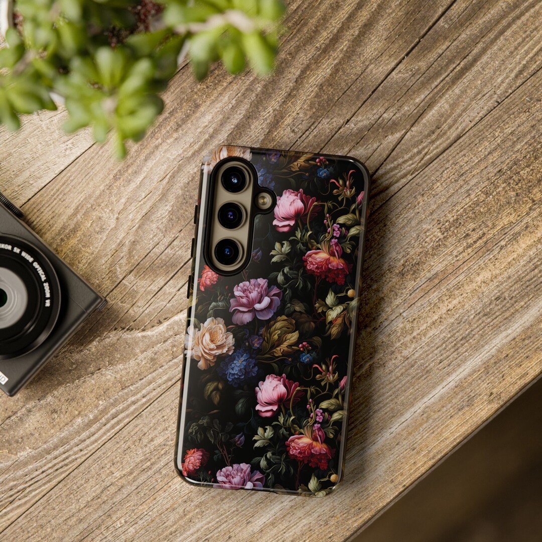 Dark Cottagecore Floral Phone Case: Watercolor Black Flower Design - Etsy