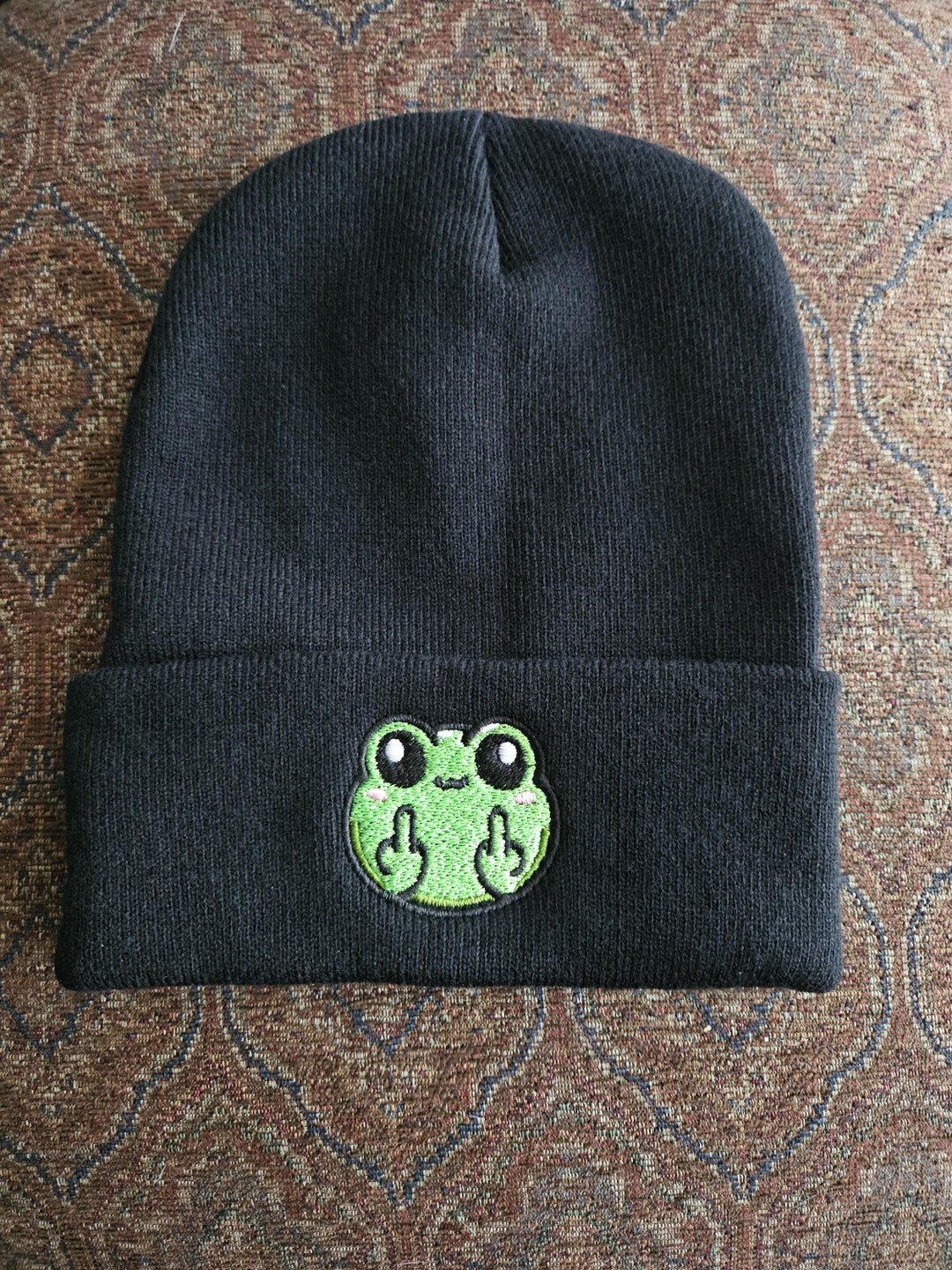 Embroidered Rude Frog Beanie: Sarcastic Knit Cuffed Beanie - Etsy
