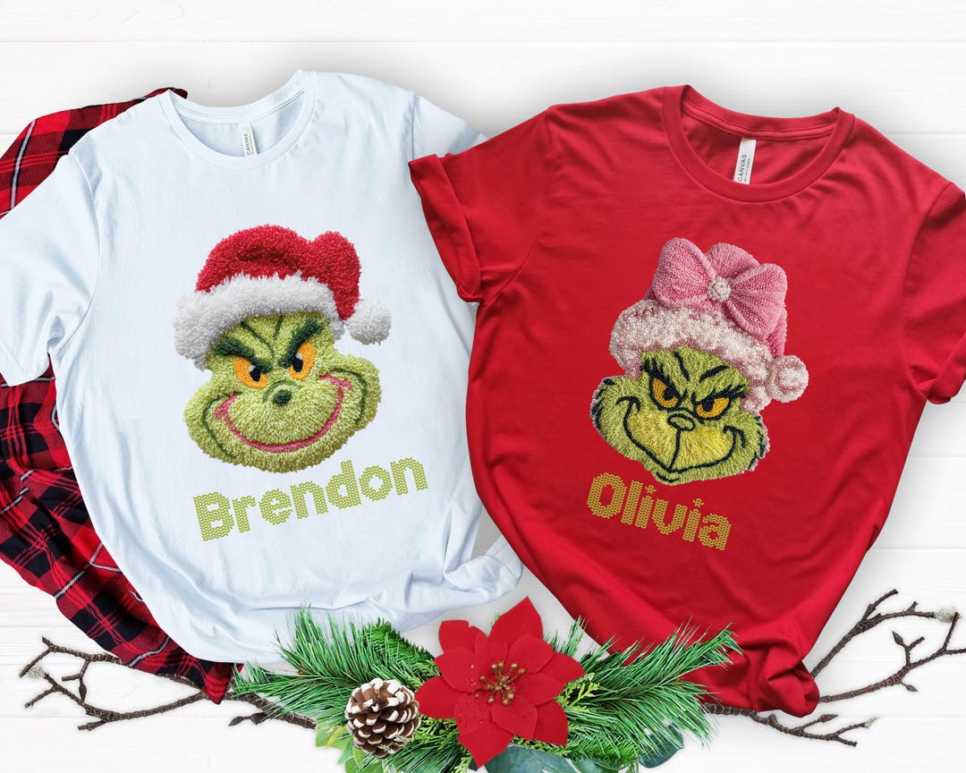 Couple Matching Grinch Shirts: Faux Yarn Crochet - Holiday Tee - Etsy