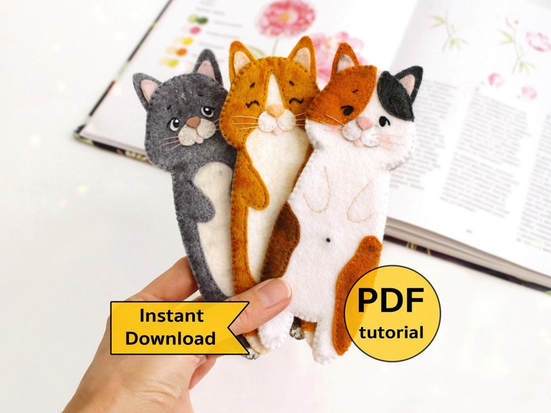 Felt Cats Bookmarks Hand Sewing PDF Tutorial With Patterns. Book & Pets ...