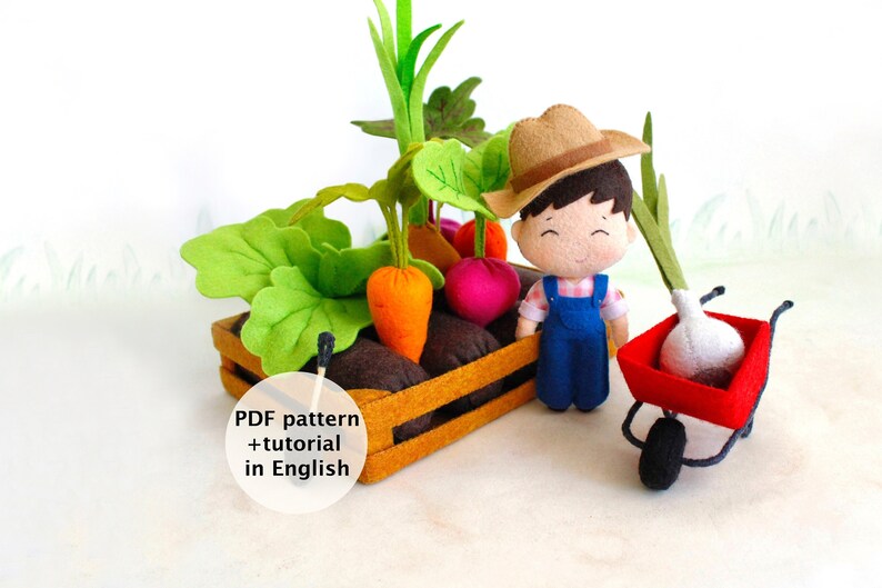 Felt Farmer With Wheelbarrow, Shovel and Vegetable Garden on the Beds ...