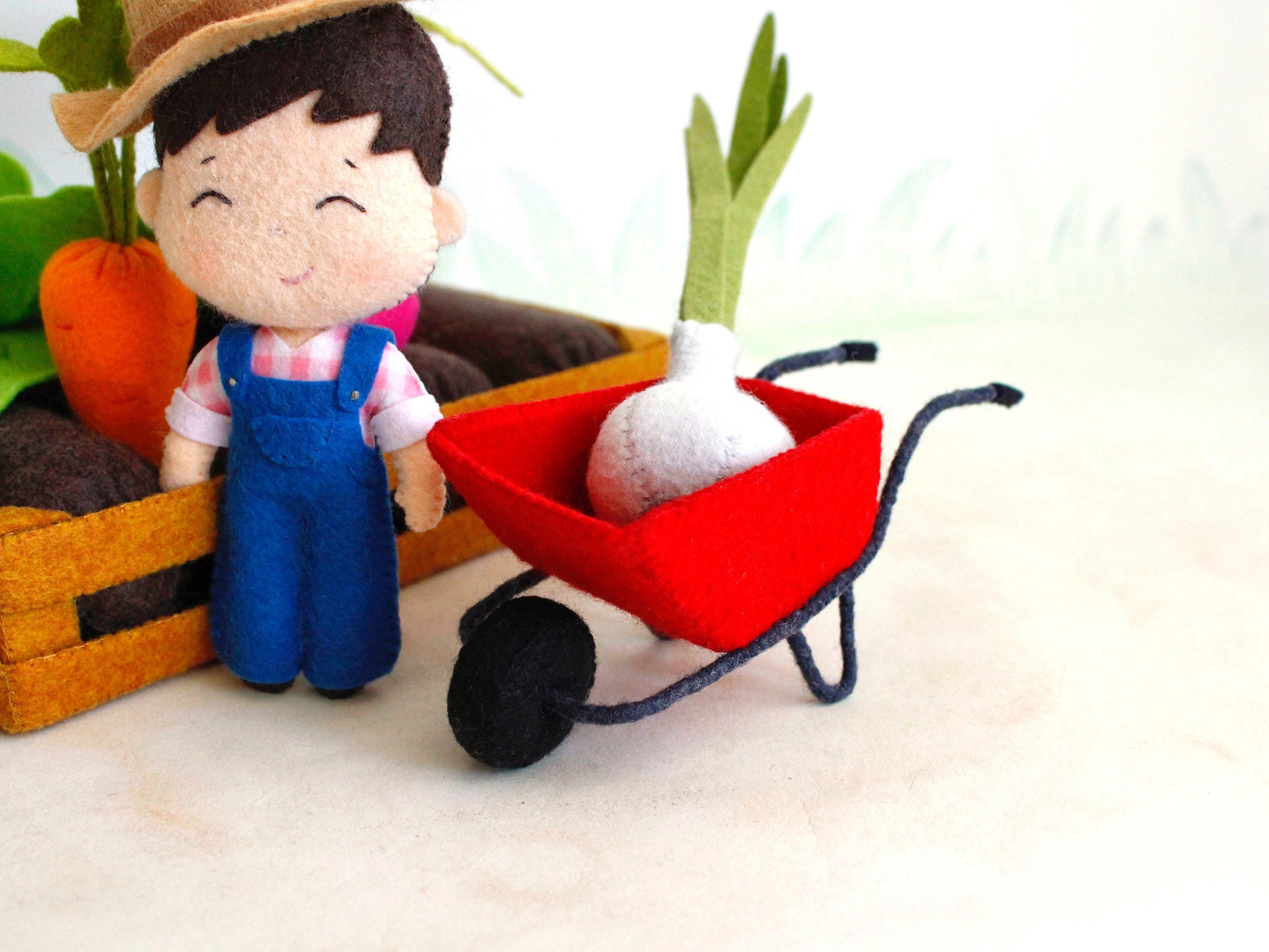 Felt Farmer With Wheelbarrow Shovel and Vegetable Garden on - Etsy