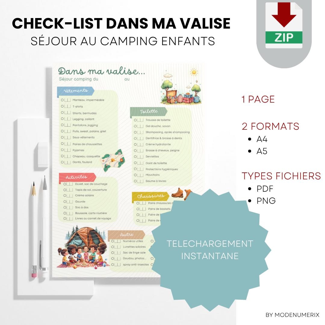 Check-list valise séjour camping enfant, camp scout, liste bagages ...