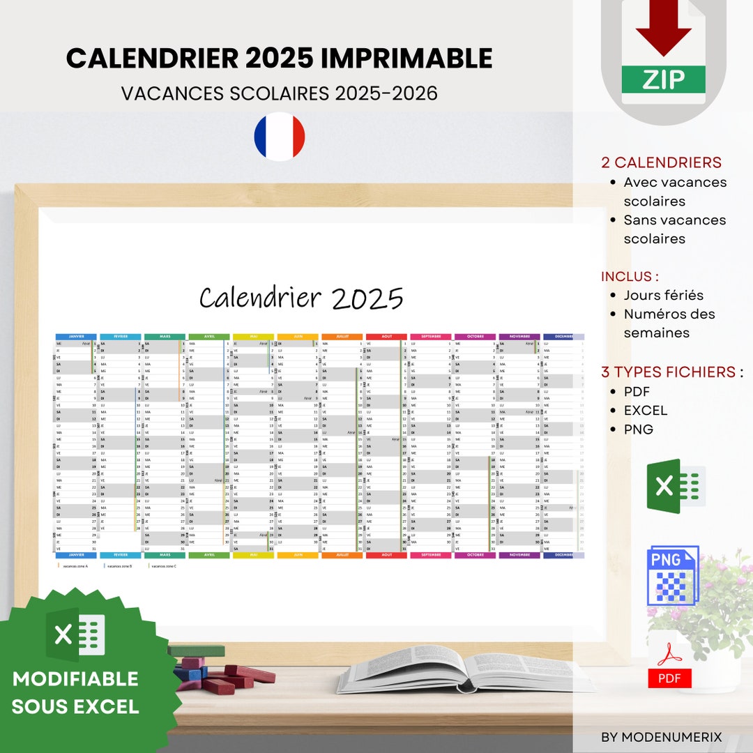 Calendrier 2025 imprimable avec vacances scolaires et jours fériés ...