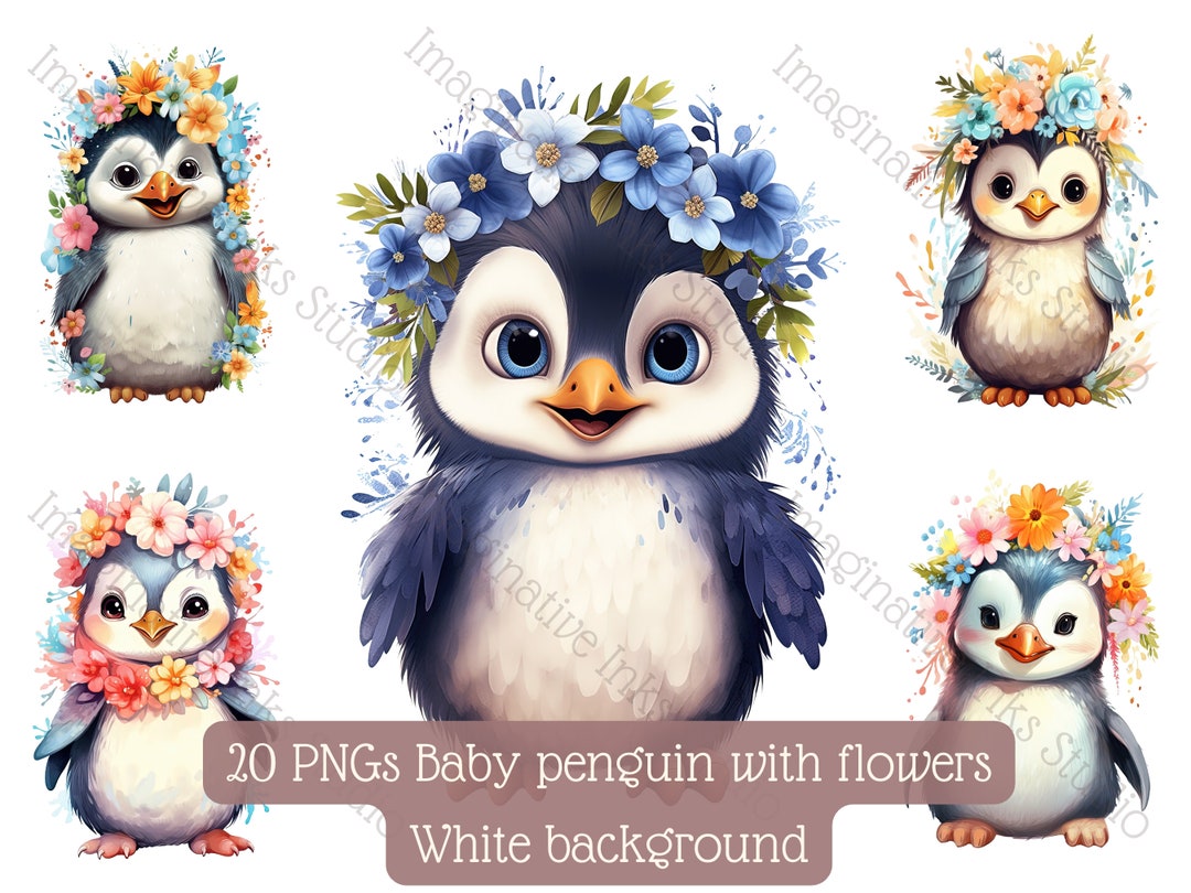 Baby Penguin Clipart PNG Penguin Boho Flower Bird Wall Art Cute Penguin ...
