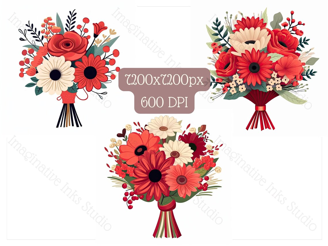 Flower Bouquet Clipart Red 7 High-quality PNG With Transparent - Etsy