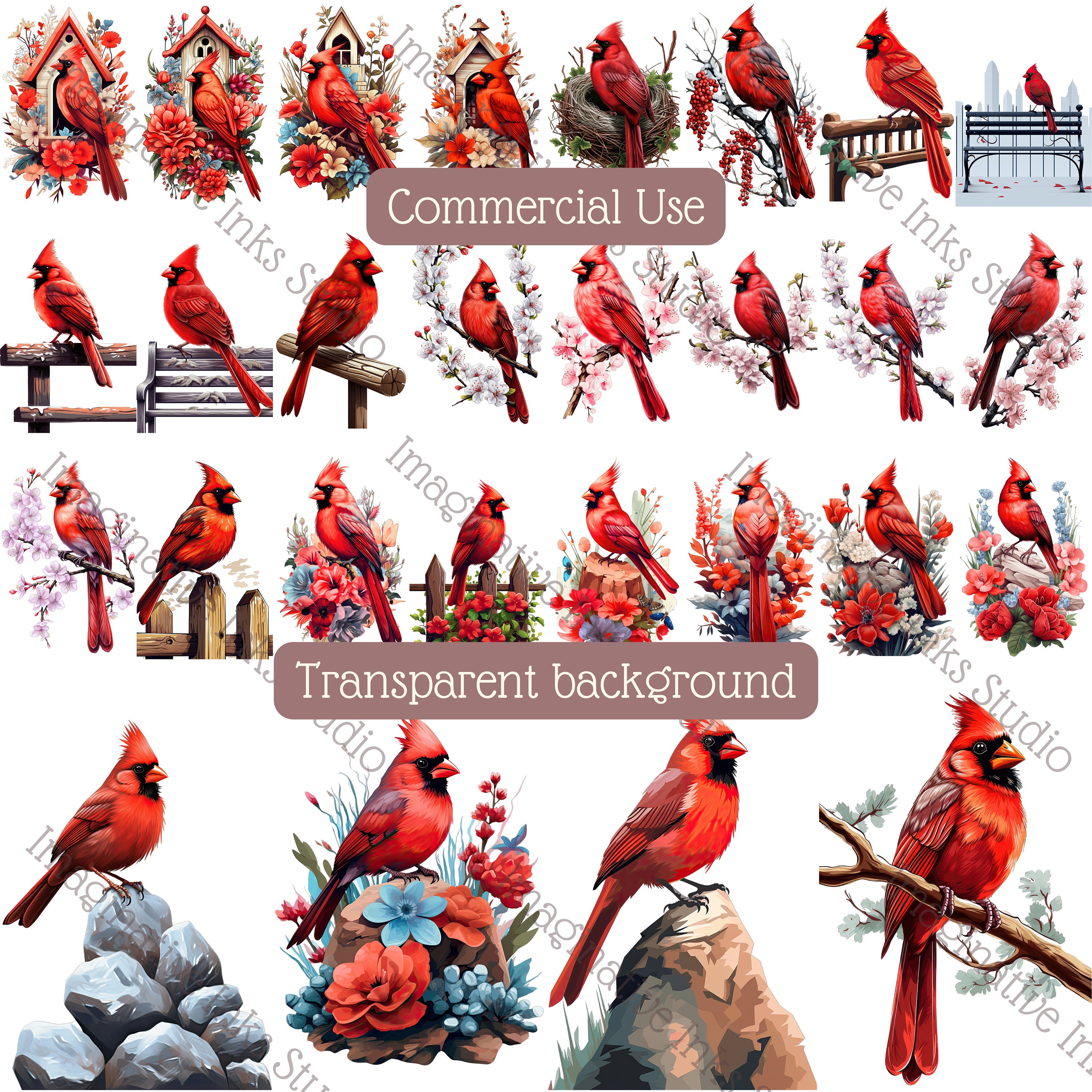 Red Cardinal Clipart PNG Cardinal Bird Boho Flower Red Cardinal ...