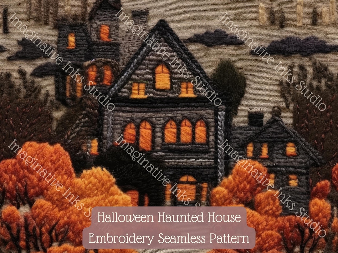 Embroidery Seamless Pattern Halloween Haunted House Embroidery Designs ...