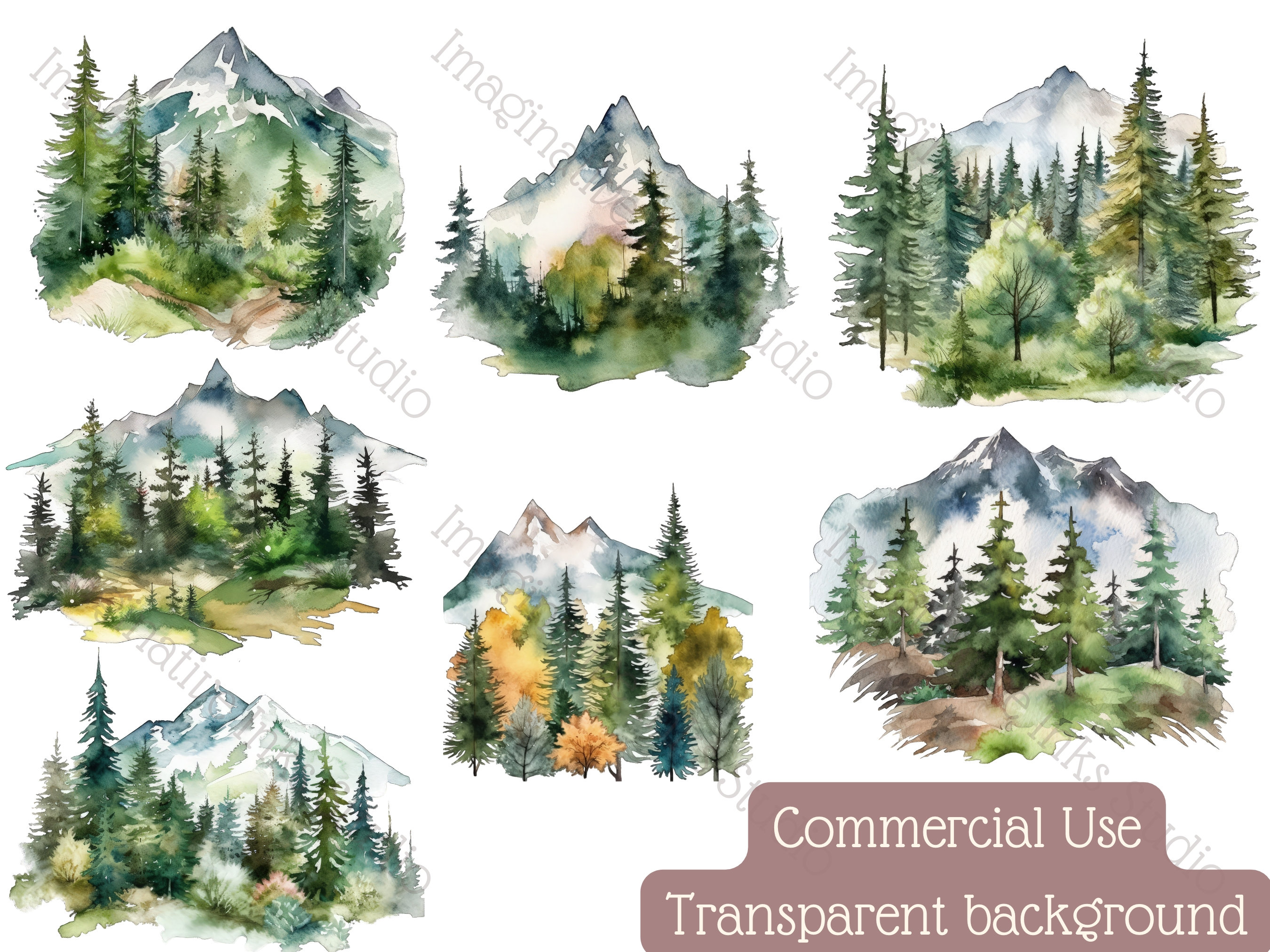 Mountain Clipart Forest PNG Woodland Tree Wall Art Watercolor Landscape ...