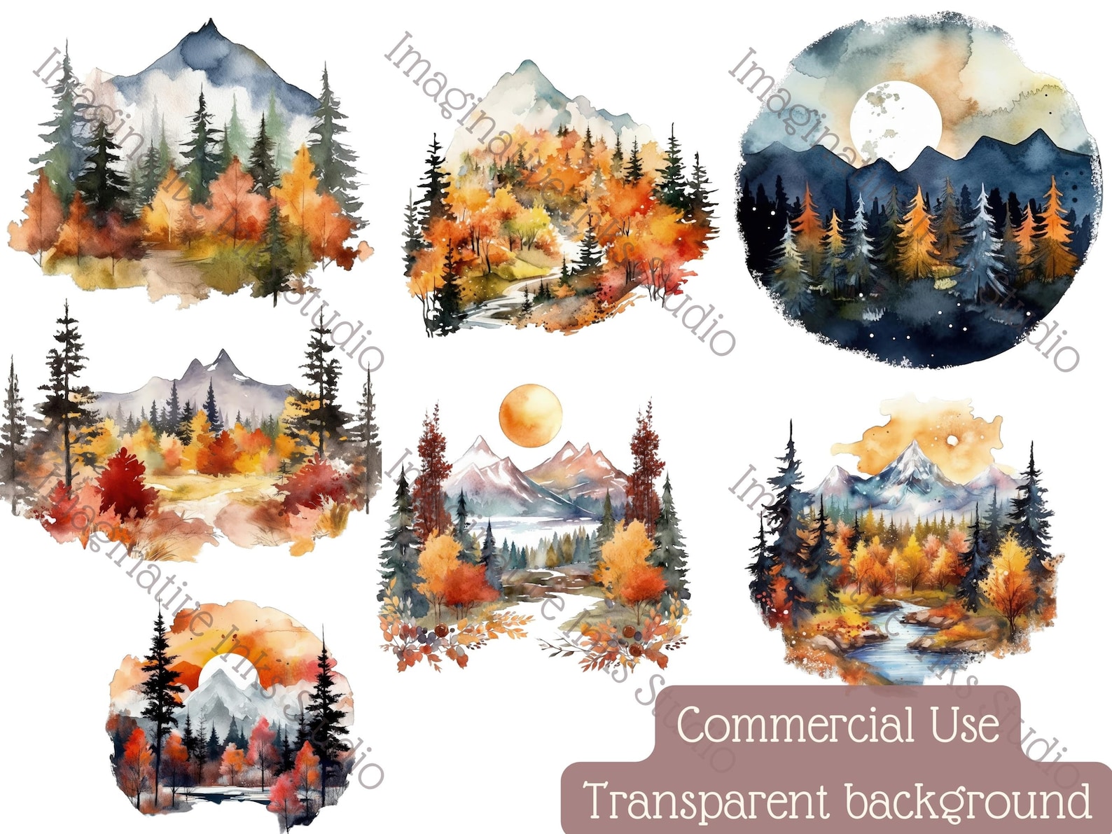 Fall Mountain Scene Forest Clipart Woodland Tree Art Yellow Landscape ...