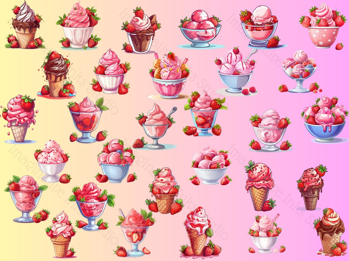 Strawberry Ice Cream Clipart 30 High-quality PNG With - Etsy