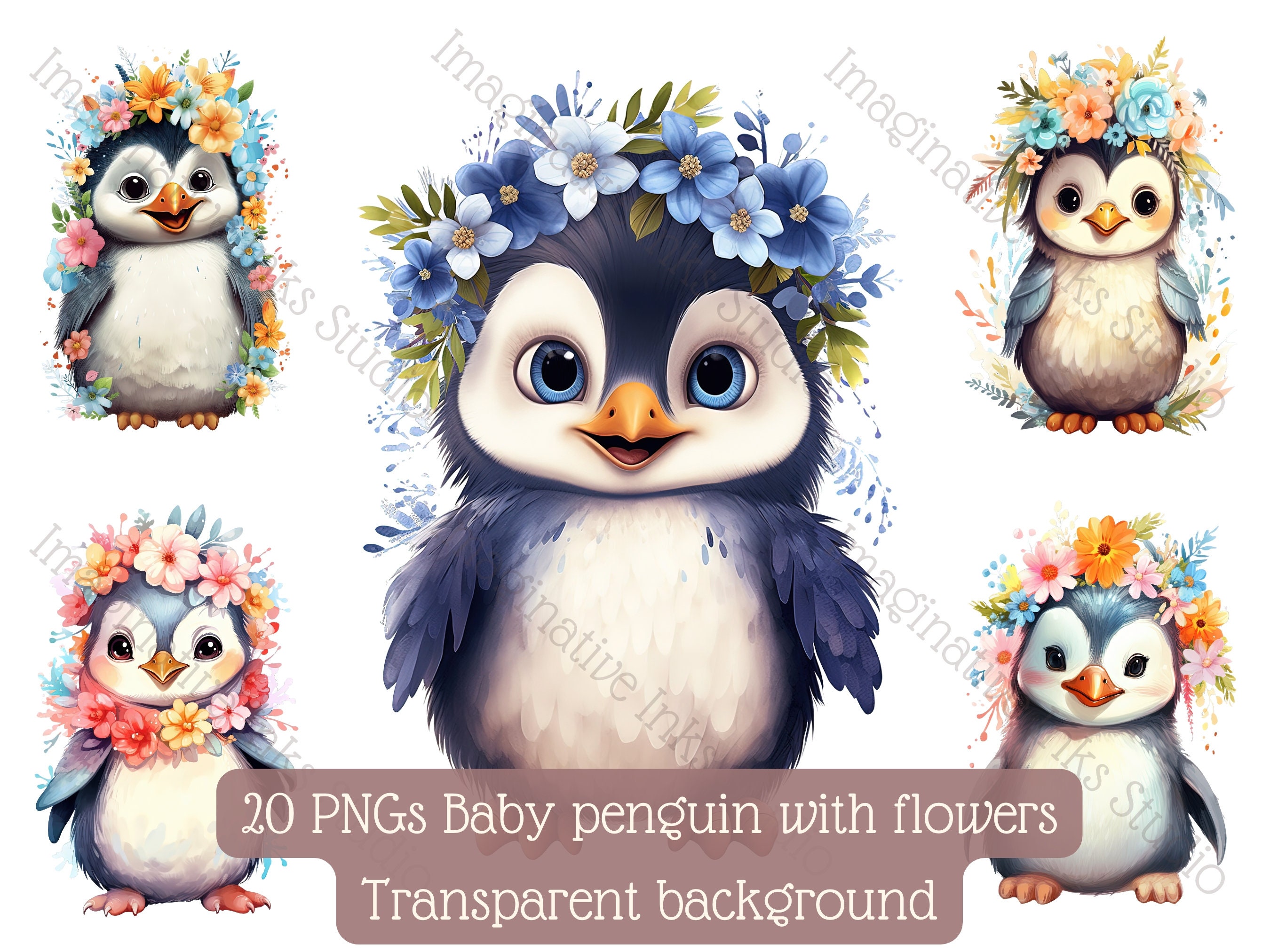 Baby Penguin Clipart PNG Penguin Boho Flower Bird Wall Art Cute Penguin ...