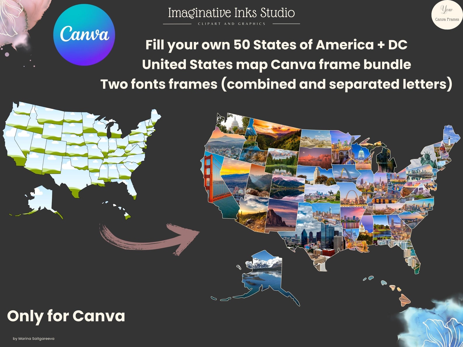 Usa States Map United States Map Canva Frame USA Individual State ...