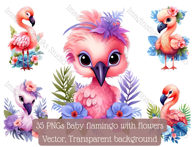 Baby Flamingo Clipart PNG Flamingo Boho Flower Bird Wallart Cute ...