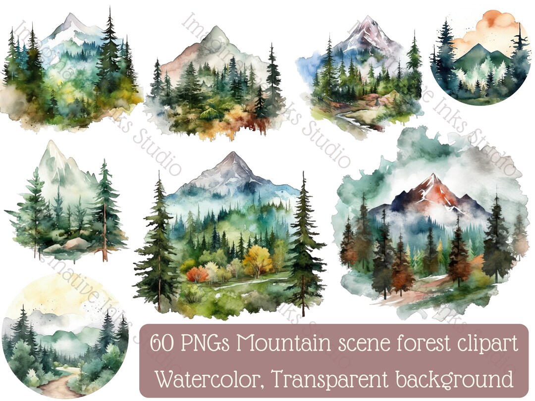 Mountain Clipart Forest PNG Woodland Tree Wall Art Watercolor Landscape ...