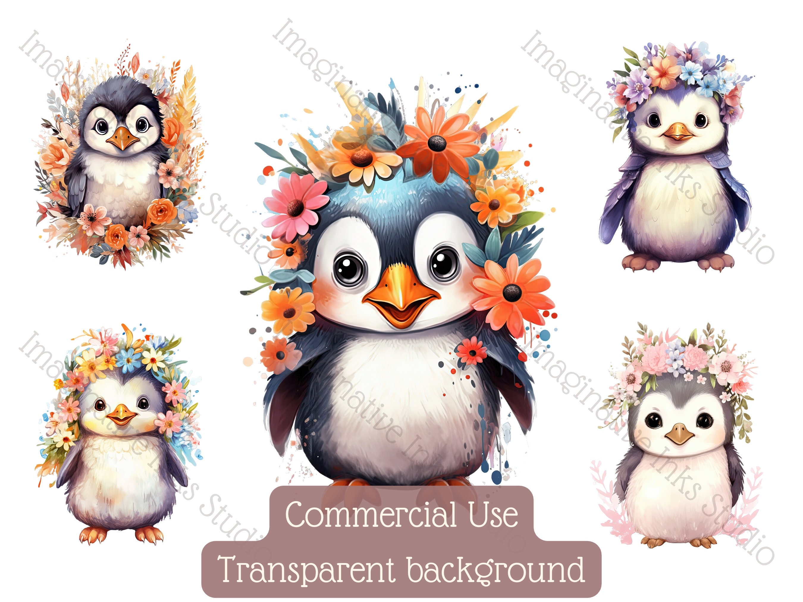 Baby Penguin Clipart PNG Penguin Boho Flower Bird Wall Art Cute Penguin ...