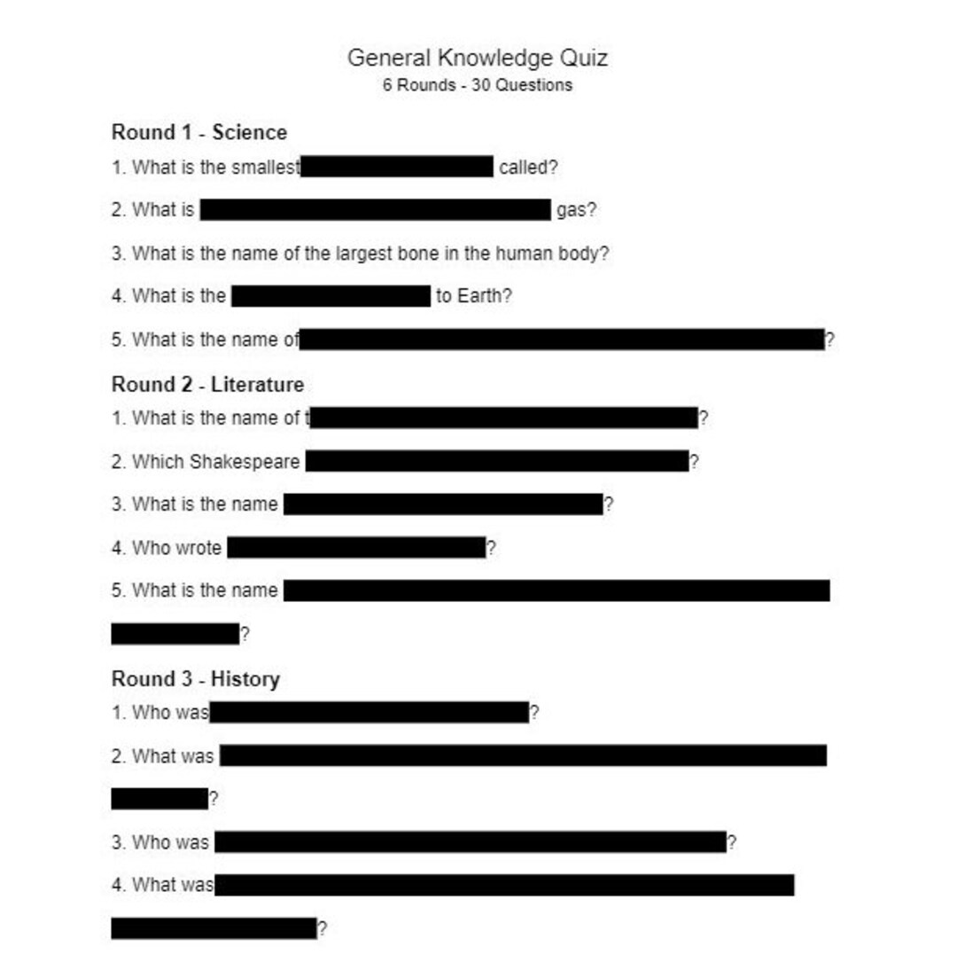 Quickfire Quiz, Printable, Editable, Reusable Basic Quiz for Family and ...