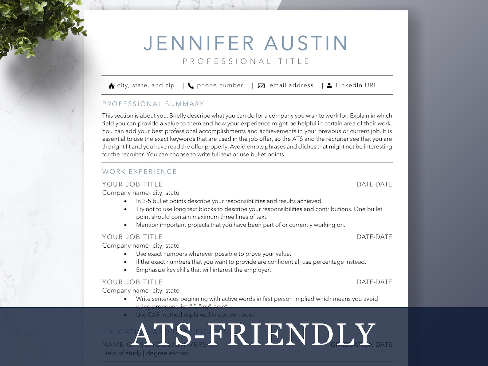 ATS Resume Template Word, Pages, Google Docs, ATS Friendly Resume ...