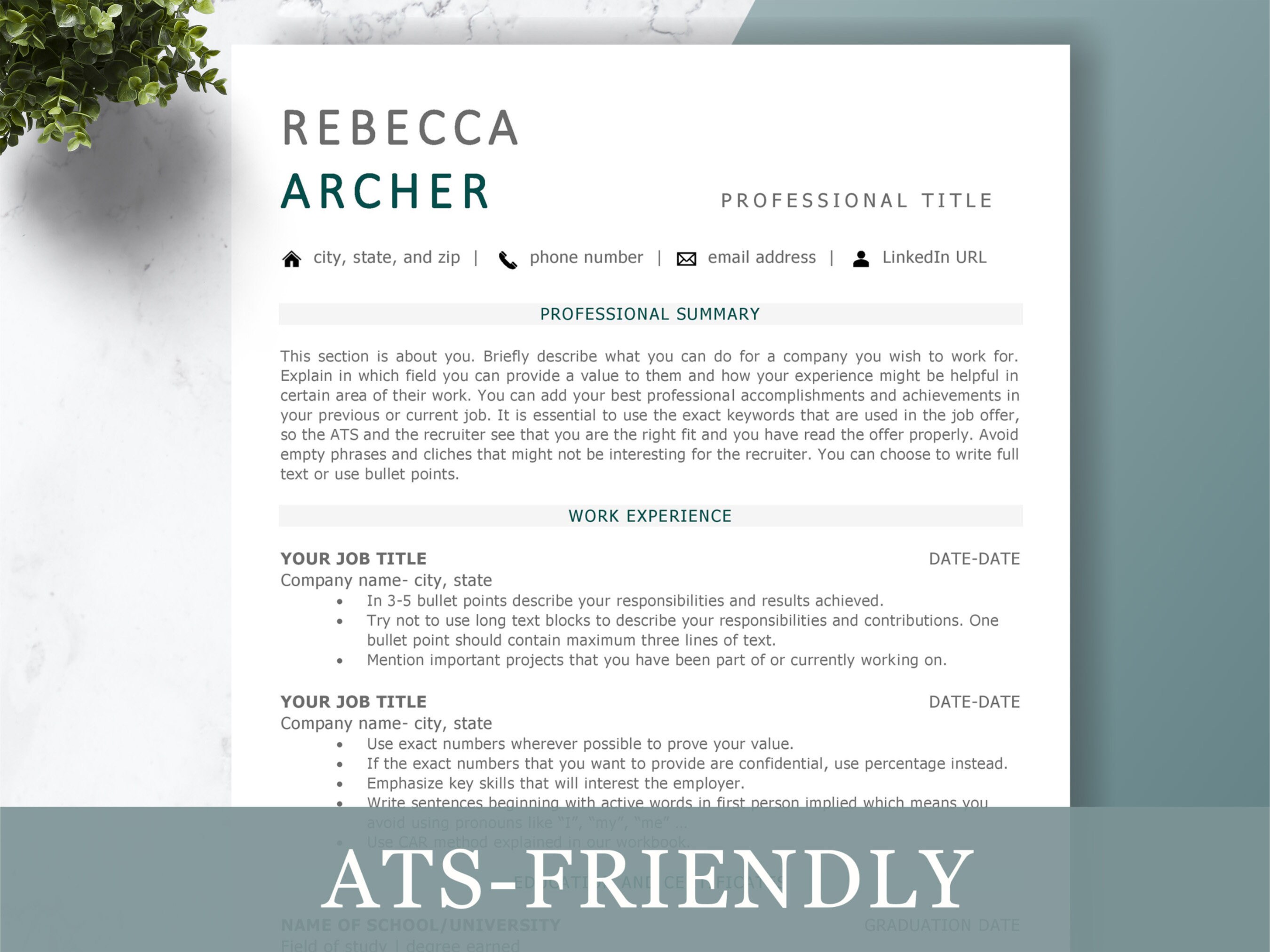 ATS Resume Template Word, Pages, Google Docs, ATS Friendly Resume ...
