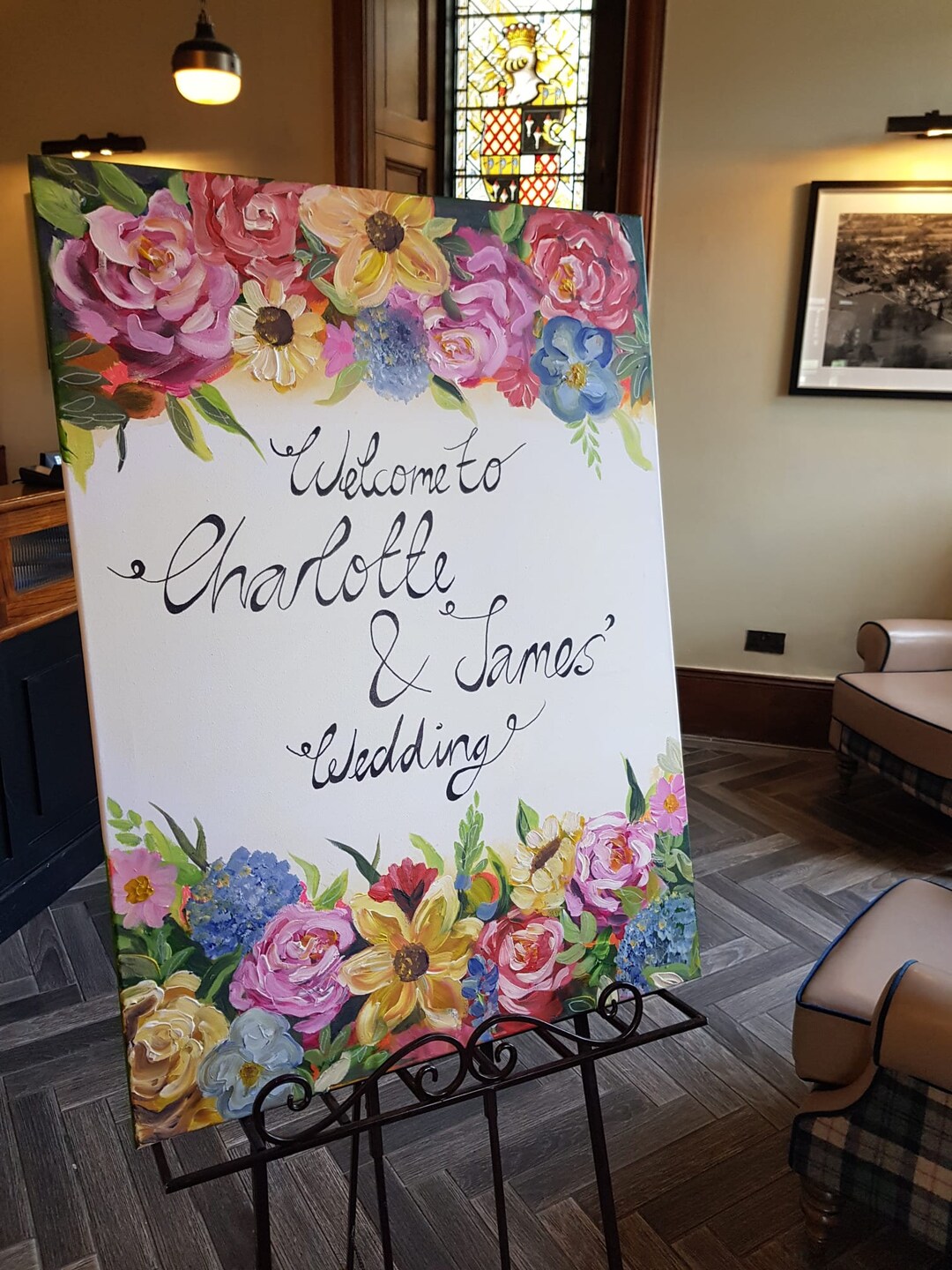 Hand Painted Welcome Wedding Sign and Table Plans, Canvas, Floral ...