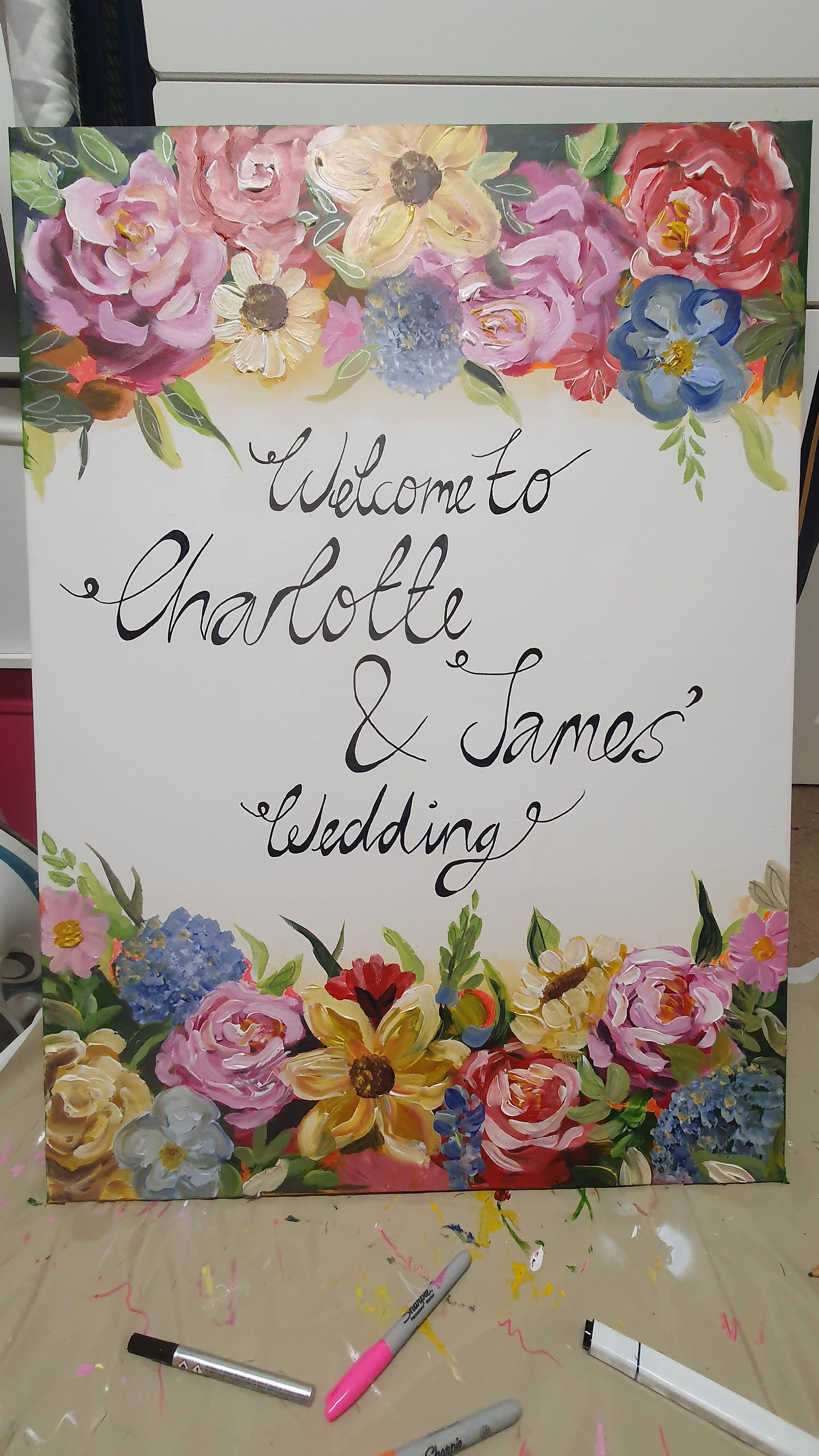 Hand Painted Welcome Wedding Sign and Table Plans, Canvas, Floral ...